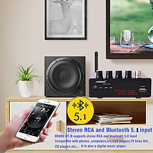 XRONG Bluetooth 5.1 Power Amplifier 100Wx2+100W Stereo HiFi 2.1 CH Digital Sound Amplificador 24Bit/192kHz Class D Amp USB DAC, Support Subwoofer & with Remote