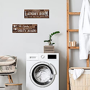 Creoate Laundry Room Decor, 2 Pieces Laundry Sign Wall Decor Funny Laundry Room Rules Decor Rustic Family White Wood Sign Hanging Plaque for Laundry Bathroom Wall Decor (Brown)