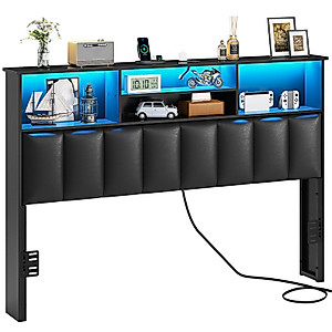 MSmask Queen Size Headboard Only, Upholstered Queen Size Bookcase Headboard with Charging Station and LED Lights, Modern LED Queen Bed Headboard with Storage, Bed Frame Adpater, Black