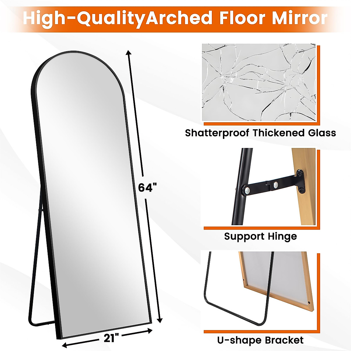 PexFix Arched Full Length Mirror, 64"x21" Floor Mirror Full Length, Full Body Mirror for Bedroom, Arched Full Length Wall Mirror with Aliuminum Alloy Frame, Black