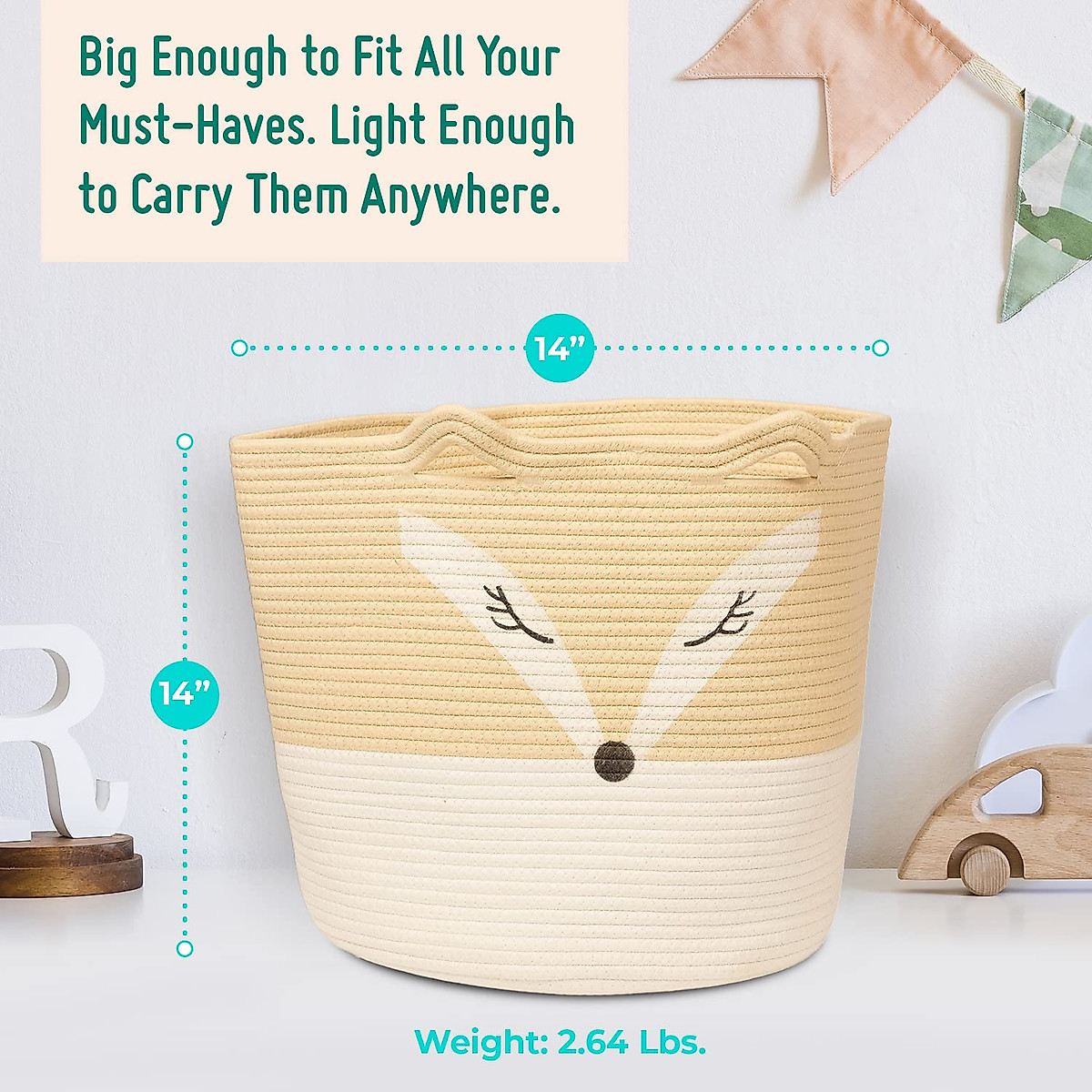 Large Cotton Rope Basket with Cute Animal Design - Unisex Bed & Bath Toy Bin Serves as Woven Laundry Basket & Nursery Hamper for Babies, Toddlers, Girls & Boys - Sturdy & Kid-Safe, 14" x 14 "