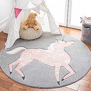 SAFAVIEH Carousel Kids Collection 6'7" Round Grey/Pink CRK163F Unicorn Non-Shedding Playroom Nursery Bedroom Area Rug