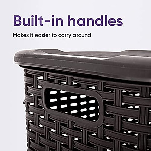 Superio Laundry Hamper Basket With Easy Open Lid 60 Liter Large Wicker Hamper, Dirty Cloths Storage With Two Cutout Handles, Laundry Room Bin (2 Pack, Brown)