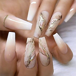 CRRLtry Press on Nails Coffin Fake Nails Marble False Nails Acrylic Nails Medium Press on Acrylic Nails for Women 24Pcs