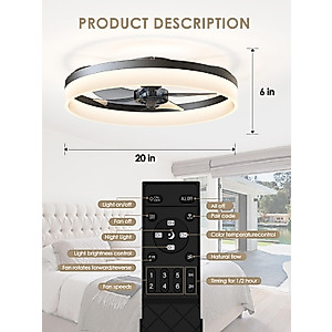 ERYAHRT Low Profile Ceiling Fan with Light Remote Control, Semi Flush Mount Ceiling Fans with 5 Invisible Blades, Dimmable Led Ceiling Fan Reversible Blades Timing, Black