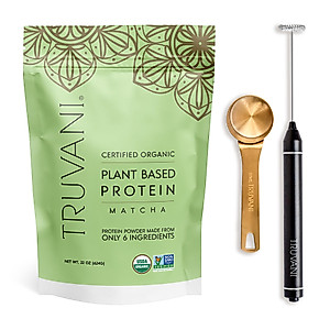 Truvani Vegan Matcha Protein Powder with Frother & Scoop Bundle - 20g of Organic Plant Based Protein Powder - Includes Portable Mini Electric Whisk & Durable Protein Powder Scoop