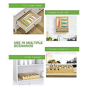 Bamboo Ziplock Bag Storage Organizer, 6 In 1 Foil and Plastic Wrap Organizer for Kitchen Drawer, Uamector  Aluminum Foil Dispenser with Cutter, Compatible within 12" Roll 
