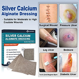 Ceeport Ag Silver Calcium Alginate Wound Dressing Pads, 4''x4'' Patches, 10 Individual Pack, Soft Silver Dressings for Wound Care, Gentle Highly Absorbent Dressing, Non Stick Gauze Pads for Wounds