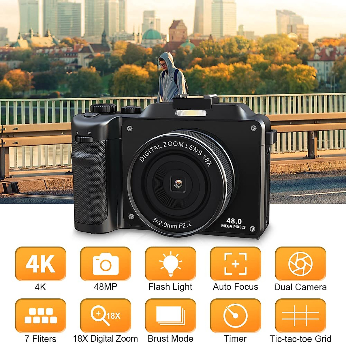 Vlogging Camera 4K 48MP Digital Camera Autofocus Cameras for Photography with 18X Digital Zoom Point and Shoot Camera with 64GB TF Card 4K Digital Camera 2 Batteries and Charger