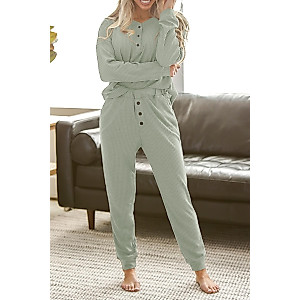 PRETTYGARDEN Women's 2 Piece Waffle Knit Lounge Outfit Long Sleeve Henley Top and Sweatpants Set Tracksuit (Light Green,Small)