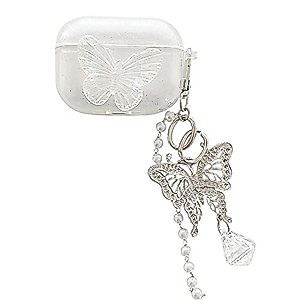HENJI Case for Airpods Pro, 3D Cute Glitter Soft Earphone Accessorie Cover for Air Pods Pro, Headphone Headset Cover with Pearl Butterfly Pendant, Gift for Girls Women (Butterfly Keychain)