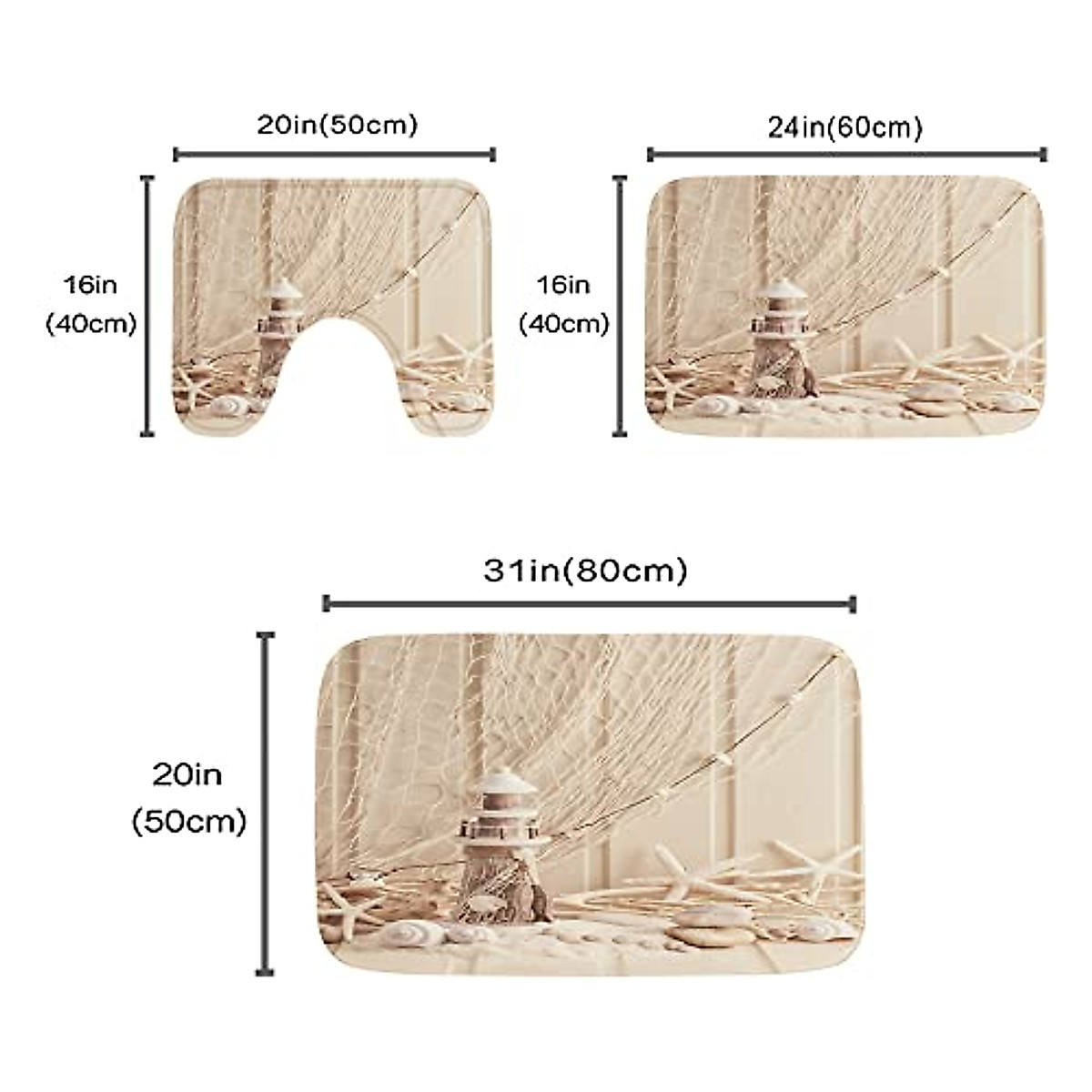 Beige Bathroom Rugs and Modern Fishing Net Seashell Lighthouse Mats Sets 3 Piece, Velvet Memory Foam Marine Beach Theme Bath Mat, Large Small and U-Shaped Contour Shower Mat Non-Slip Washable