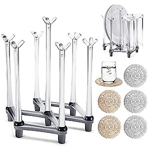 Maxcocola Retractable Cup Drying Rack with 6PCS Coasters, Retractable Drying Rack and Bottle Drying Rack, Plastic Bag Drying Rack and Mug Tree with Antiskid Bottom for Countertop(Gray)