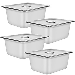 DatingDay 4 Packs Stainless Steel Hotel Pan,1/2 Size x 6" Deep，22 Gauge/0.7mm Thick Steam Table Pan Anti Jam Steam Table Pan with Lid,Stainless Steel Container (1/2 Size x 6" Deep)