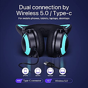 YOWU RGB Cat Ear Headphone 3S Wireless Bluetooth 5.0 Foldable Gaming Headset with Built-in Mic & Customizable Lighting and Effect via APP, Type-C Charging Audio Cable, for PC Laptop Mac Smartphone