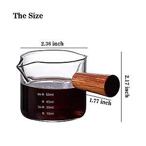 1 Pack Double Spouts Measuring Triple Pitcher Milk Cup 75ML Espresso Shot Glasses Parts Clear Glass with Wood Handle