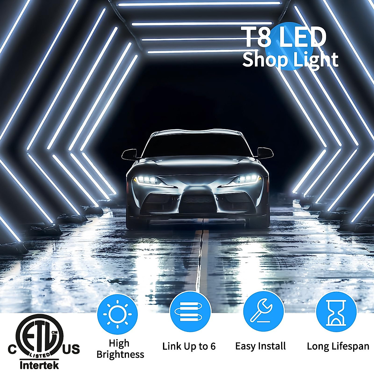 (Pack of 4) Linkable LED Utility Shop Lights for Garage, 6FT, 60W, LED Tube Ceiling Light T8 Integrated Single Fixture, 6000K, Daylight 8000lm V Shape, Basement, Offices, Clear Lens, Plug and Play