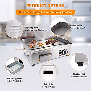 WICHEMI 22" Electric Griddle Grill Commercial Countertop Griddle Flat Top Grill Hot Plate Non-Stick Stainless Steel Teppanyaki Grill for Restaurant Kitchen, 110V 3000W