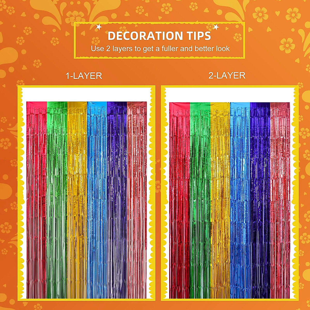Mega-L Fiesta Party Decorations Foil Fringe Curtains,2 Pack Mexican 3.3x6.6ft Tinsel Streamers for Dia De Los Muertos Day of The Dead Decorations Backdrop,Cinco de Mayo Taco Party Photo Booth Props