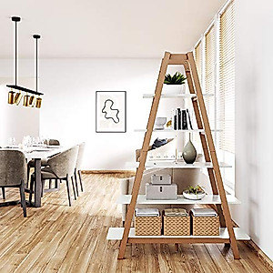 Nathan James Carlie 5-Shelf Bookcase Display or Decorative Storage Rack with Rove Wooden Ladder Shelves, White/Brown