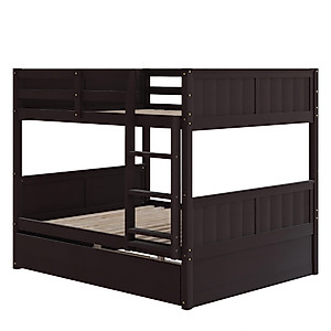 RUNWON Solid Wood Full Over Full Bunk Bed with Trundle and Ladder for Kids Adults Bedroom,Can be Split into Two Separate Beds