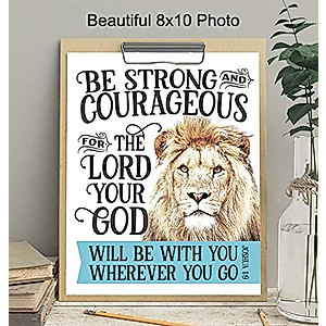 Be Strong and Courageous Wall Art - Lion Religious Scripture Decor - Christian Bible Verse Gifts for Men, Boys Bedroom, Teen Room - Motivational, Positive, Inspirational Quotes - Blessed Wall Decor