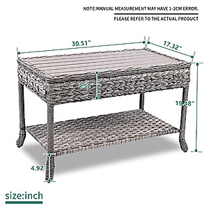 Koruiten Wicker Outdoor Coffee Table with Storage Shelf, All Weather Resin Rattan Patio Coffee Table with Wood Top for Outside Porch Backyard