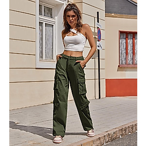 ZMPSIISA Women Pants High Waisted Cargo Pants Combat Military Wide Leg Casual Trousers 8 Pockets(Green,X-Large)