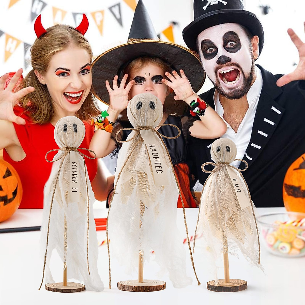 3Pcs Halloween Ghost Standing Table Decor, Fabric Ghost Sign for Table, Primitive Halloween Ghosts Shelf Sitters on Wooden Stand for Table Centerpieces, Shelves, and Mantels - Spooky Decor (White)