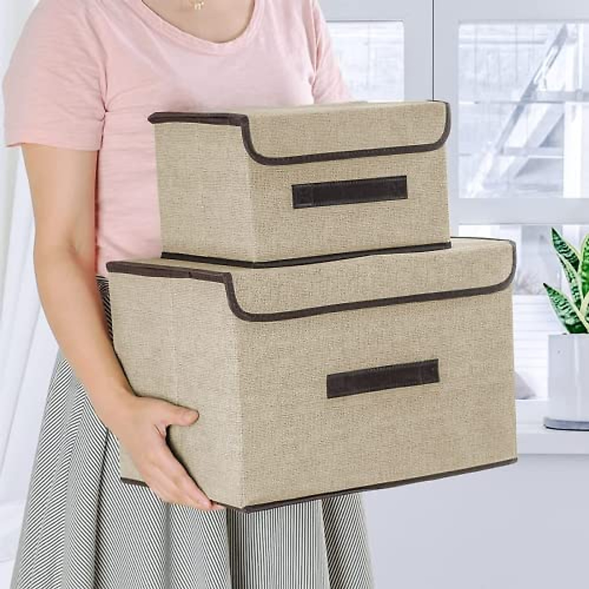 weallbuy Storage Bins with Lids Cloth Pack of 4 Foldable Storage Boxes Organizer Bins for Wardrobe, Clothes, Toys, Books, Cosmetics (Beige)