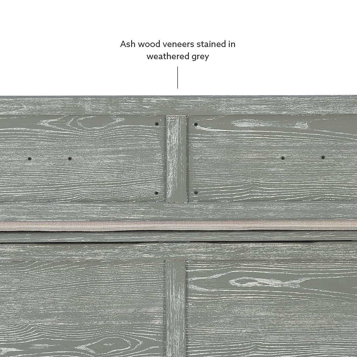 Linon Weathered Grey Carlton Storage Bench with Beige Upholstered Back and Cushioned Seat