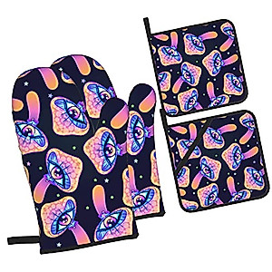 Oven Mitts and Pot Holders Sets of 4 High Heat Resistant Trippy Mushrooms Magic Hippie Oven Mitts with Oven Gloves and Hot Pads Potholders for Kitchen Baking Cooking BBQ Non-Slip Cooking Mitts