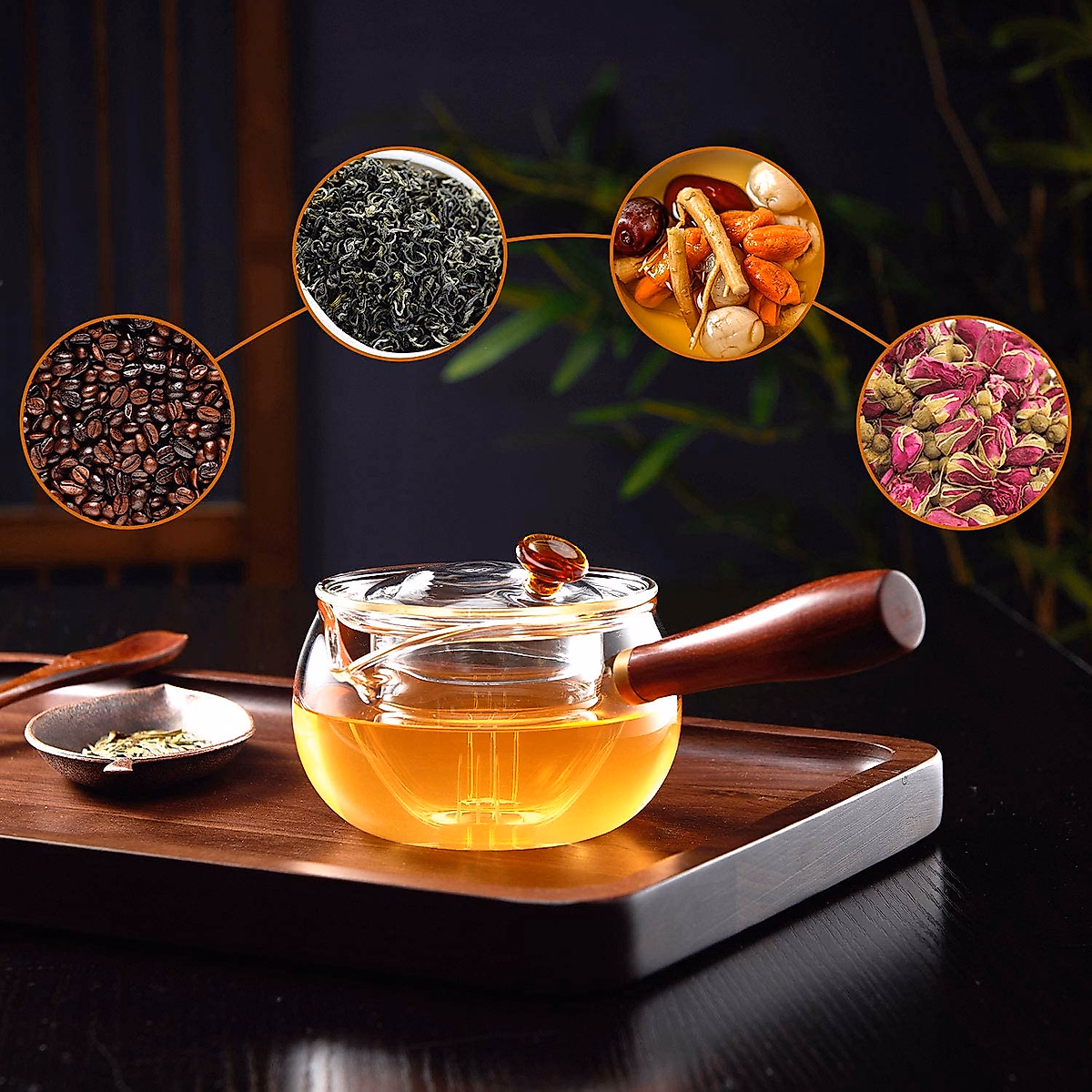 PARACITY Glass Teapot with Infuser Japanese Teapot Stovetop Safe Teapot Blooming and Loose Leaf Tea Maker with Wooden Handle Kyusu 11.8 oz 350 ml