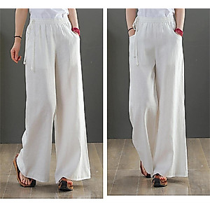 Les umes Women's Casual Wide Leg Linen Pants High Waist Drawsting Loose Palazzo Pants Beach Trousers White XL