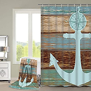 ASPMIZ 5 Pcs Anchor Shower Curtain Sets with Rugs and Towels, Include Non-Slip Rug, Toilet Lid Cover and Bath Mat, Nautical Anchor Rustic Wood Waterproof Shower Curtain with 12 Hooks for Bathroom