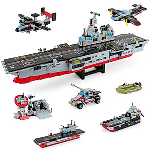 1161 Pieces Aircraft Carrier Building Blocks Set, 13 in 1 Military Battleship Model Building Toy Kit with Armored Tank, Fighter, Patrol Boat & Cannon Roleplay STEM Construction Toys Gift for Kids 6+