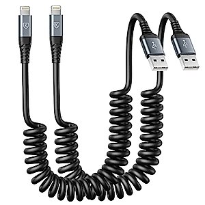 Coiled Lightning Cable, iPhone Charger Cable 3FT for Car, 2 Pack [Apple MFi Certified] 3 Feet Lightning Cord Compatible with iPhone14/13/12/11 Pro Max/XS MAX/XR/XS/X/8/7/Plus/6S iPad/iPod- Black