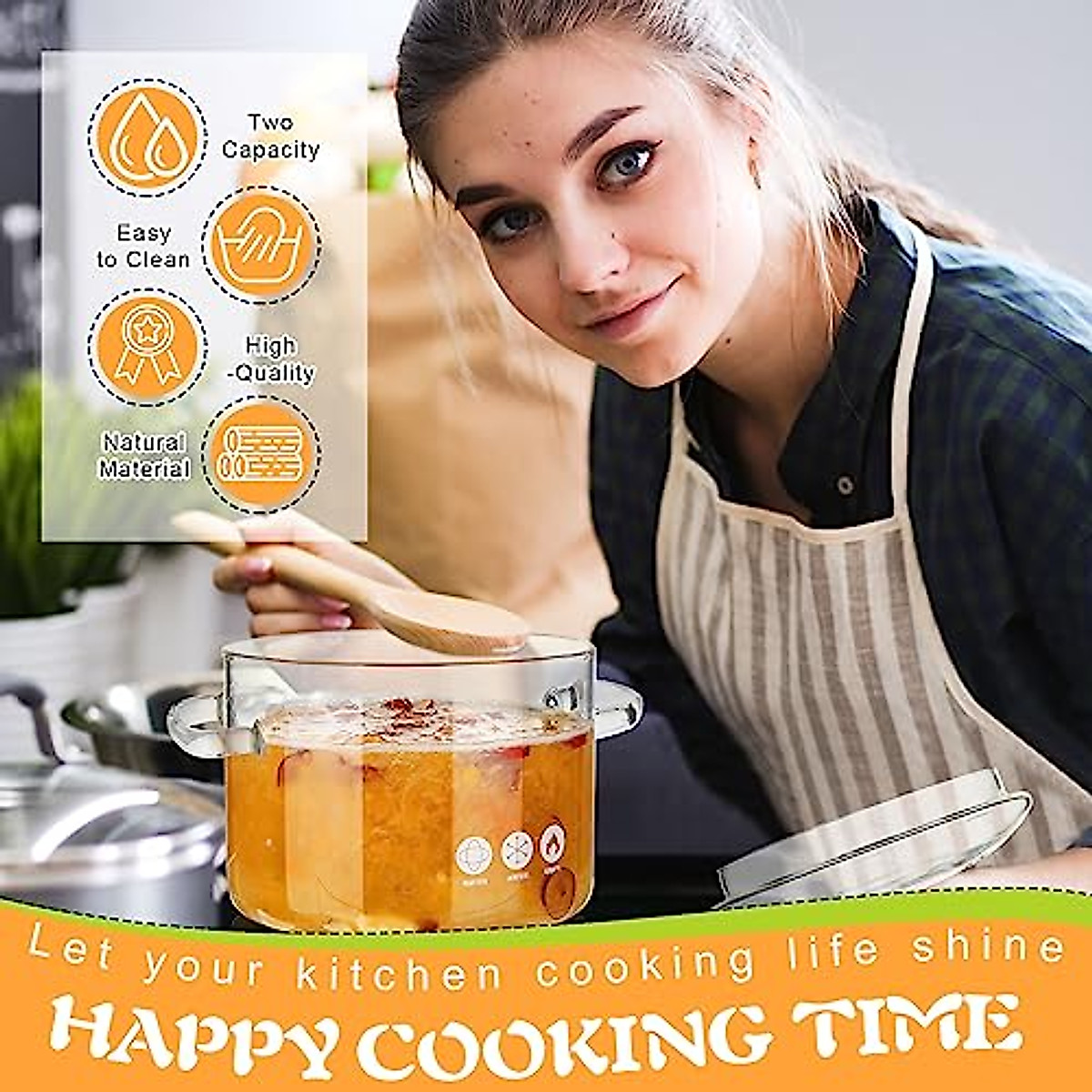 2 Pcs Glass Pots for Cooking on Stove Set Glass Saucepan with Cover Heat Resistant Clear Pots and Pans Set Stovetop Glass Cookware Simmer Pot with Lid for Soup Milk (1.5 L, 1.9 L,Trendy Style)