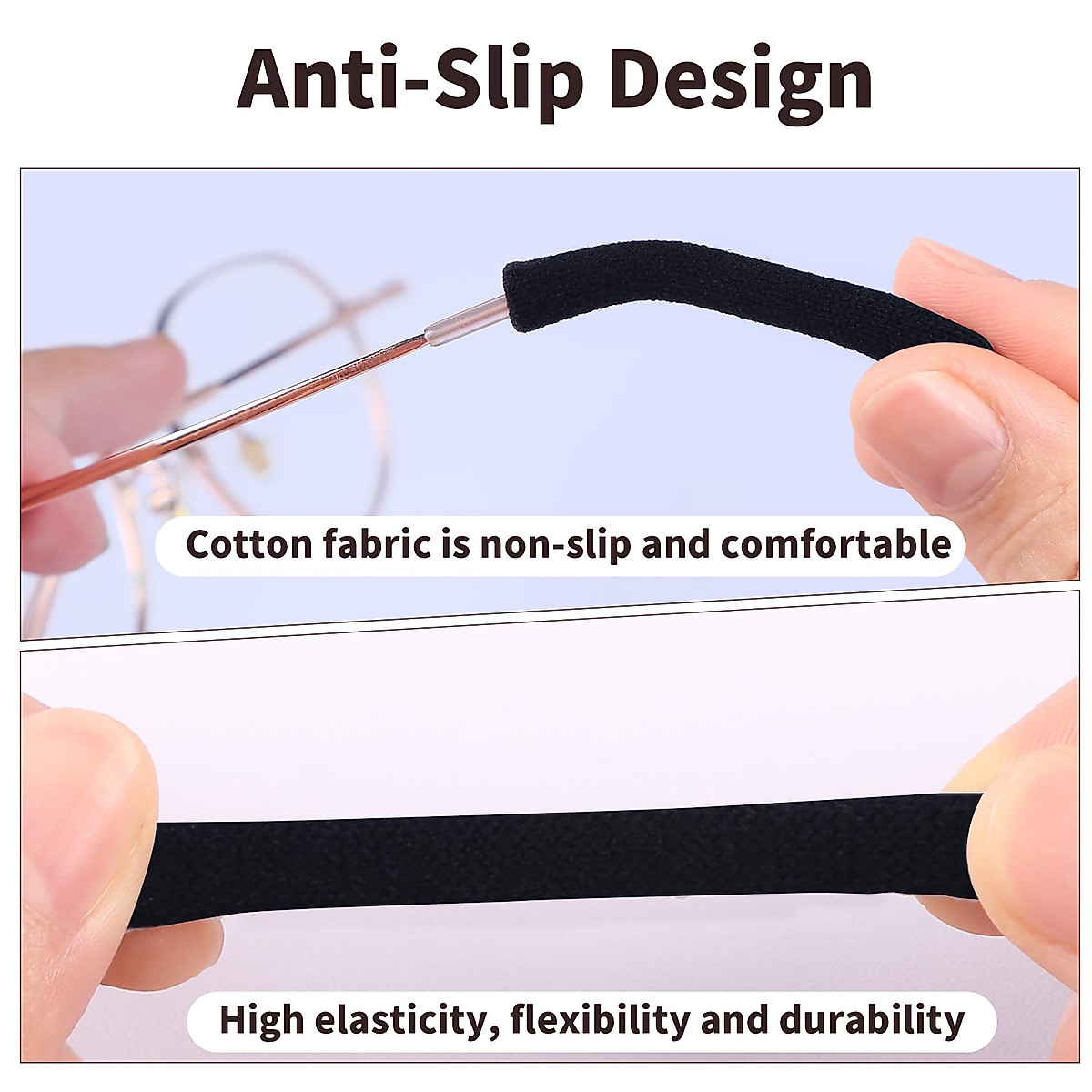 GCXIXPY Anti-Slip Elastic Comfort Glasses Ear Cushion, Black Soft Knitting Cotton Fabric Eyeglass Ear Cushions, Glasses Grips for behind the Ear for Sunglasses Reading Glasses Eyewear (2 Packs)