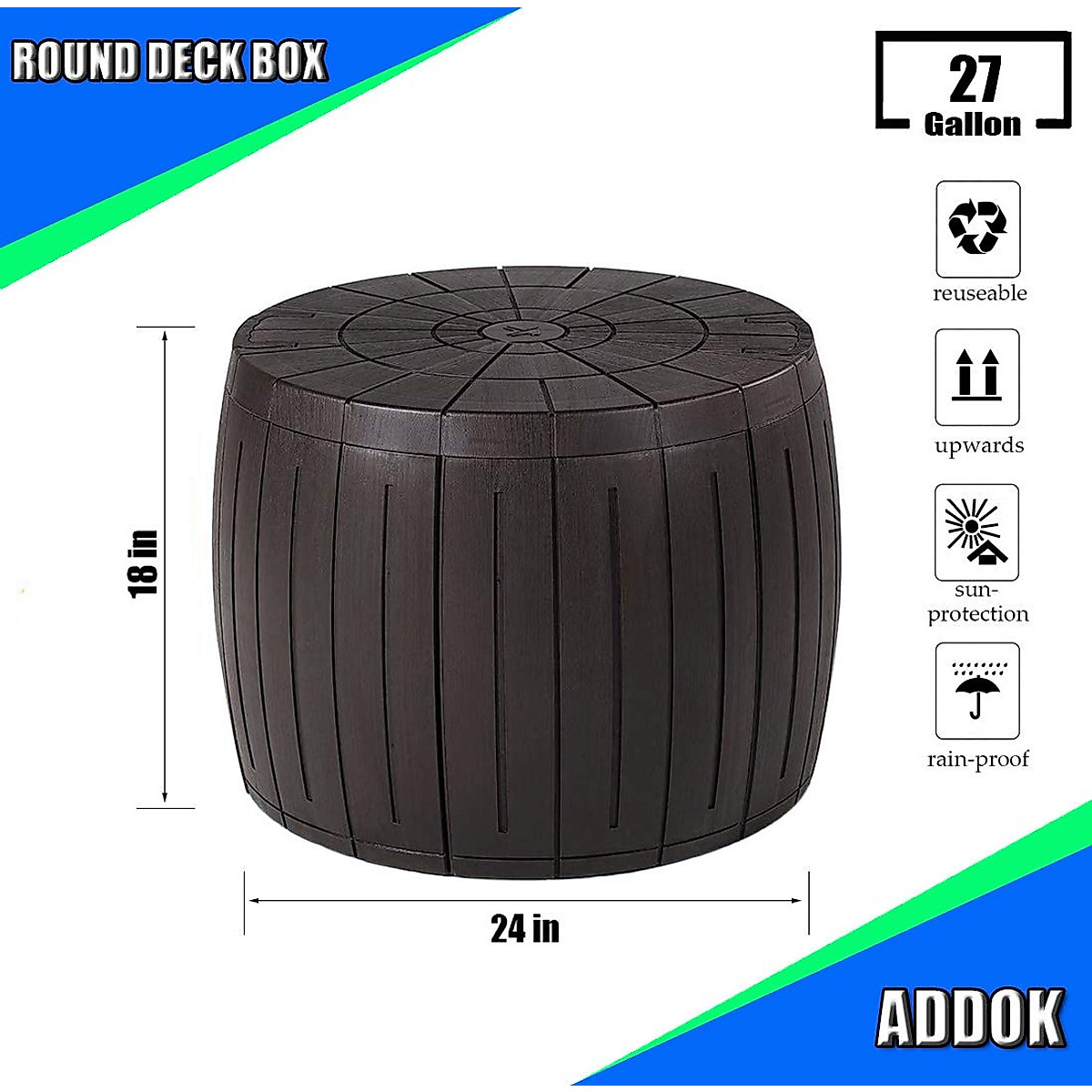ADDOK Round Deck Box Light weight Resin Outdoor Storage Patio Seat for Outdoor Cushion Storage (27 Gallon, Dark Coffee)