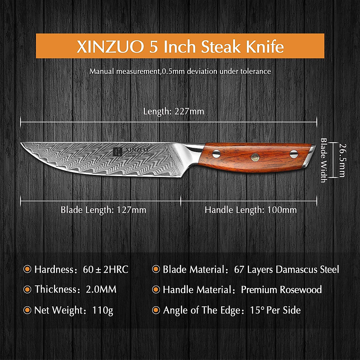 XINZUO Damascus Steel 4Pcs Steak Knife Set, 5 Inch Premium Dinner Knife Set Sharp Kitchen Table Knives -Straight Edge Blade -Triple Rivet -with Gift Box -Ergonomic Rosewood Handle-Yi Series
