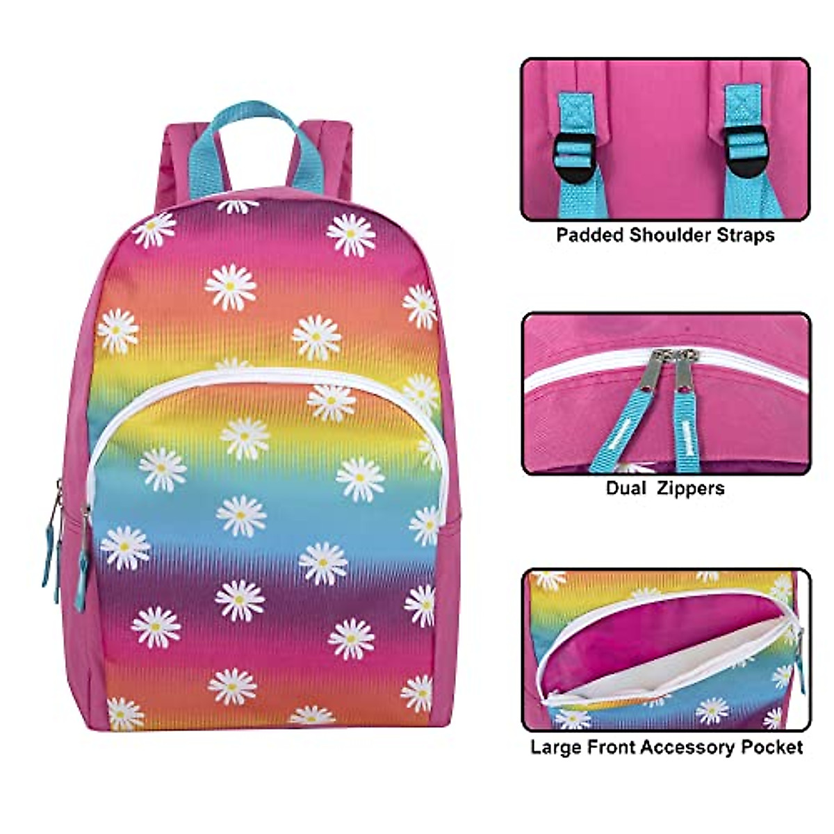 Trail maker 15 Inch Backpack for Boys Girls, Kids Backpacks for Preschool, Kindergarten, Elementary with Adjustable Padded Straps (Dancing Rainbow Daisies)