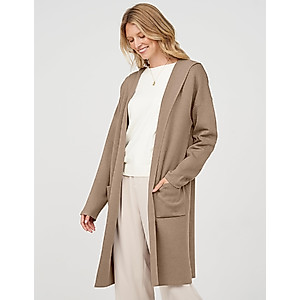 MEROKEETY Long Hooded Cardigan Sweaters for Women Oversized Open Front Coatigan Lady Jacket Coat Pockets, Khaki, Medium