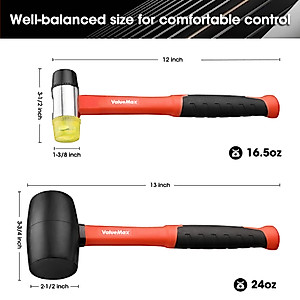 ValueMax Rubber Mallet, 16oz Rubber Mallet Hammer And 35mm Double-Faced Soft Mallet, Fiberglass Handle With Soft Grip, Solid Head, 2 Piece Black Mallet Set