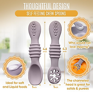 HippoBaby 4pc Silicone Self feeding baby utensils 6-12 months, 3 baby spoon, 1 baby fork, Toddler Cutlery Set, BPA Free, Dishwasher Safe, Baby eating essentials (Light pink/Army Green)