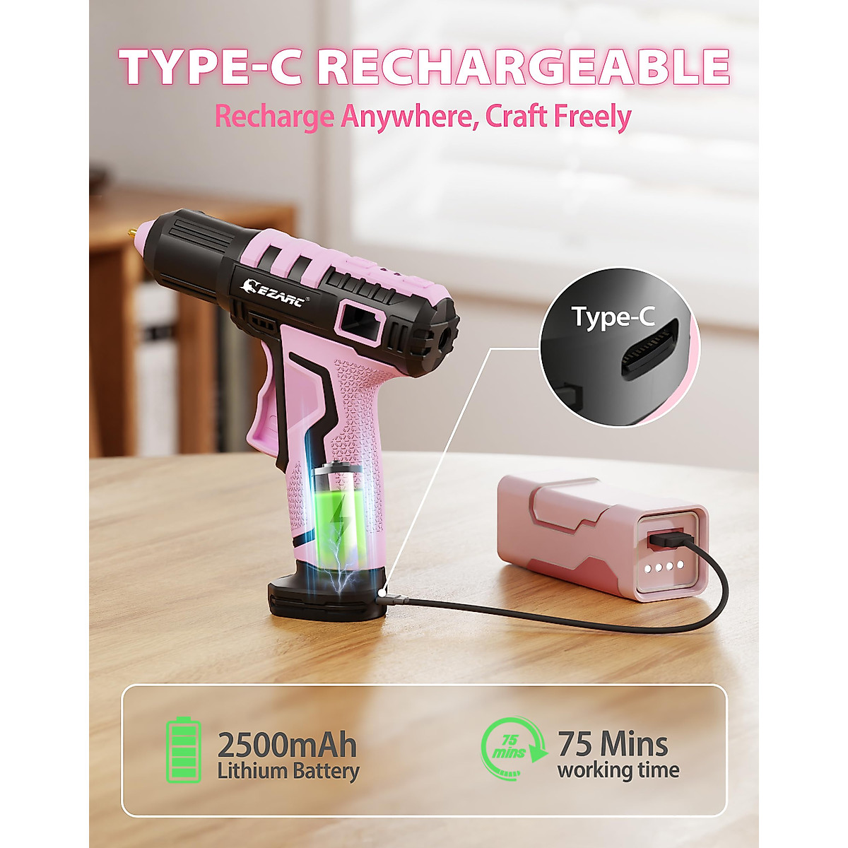 EZARC Cordless Hot Glue Gun, 15s Heating Fast Glue Gun Kit with 30 Pcs Mini Glue Gun Sticks, Automatic-Safety-Power-Off, Built-in 2500 mAh Lithium-ion for Art, Crafts, Decorations, Home Repairs