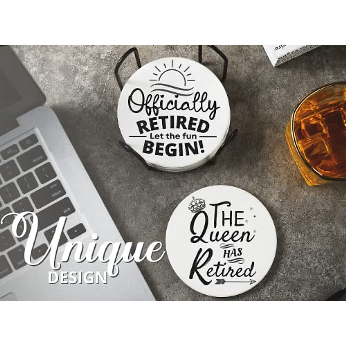 Best Retirement Gifts for Women, 4 Pcs Retirement Coasters for Drinks Absorbent with Holder and Corked Back, Unique Present for Retired Women, Retirement Gifts for Grandma, Boss Lady, Nurse, Teacher