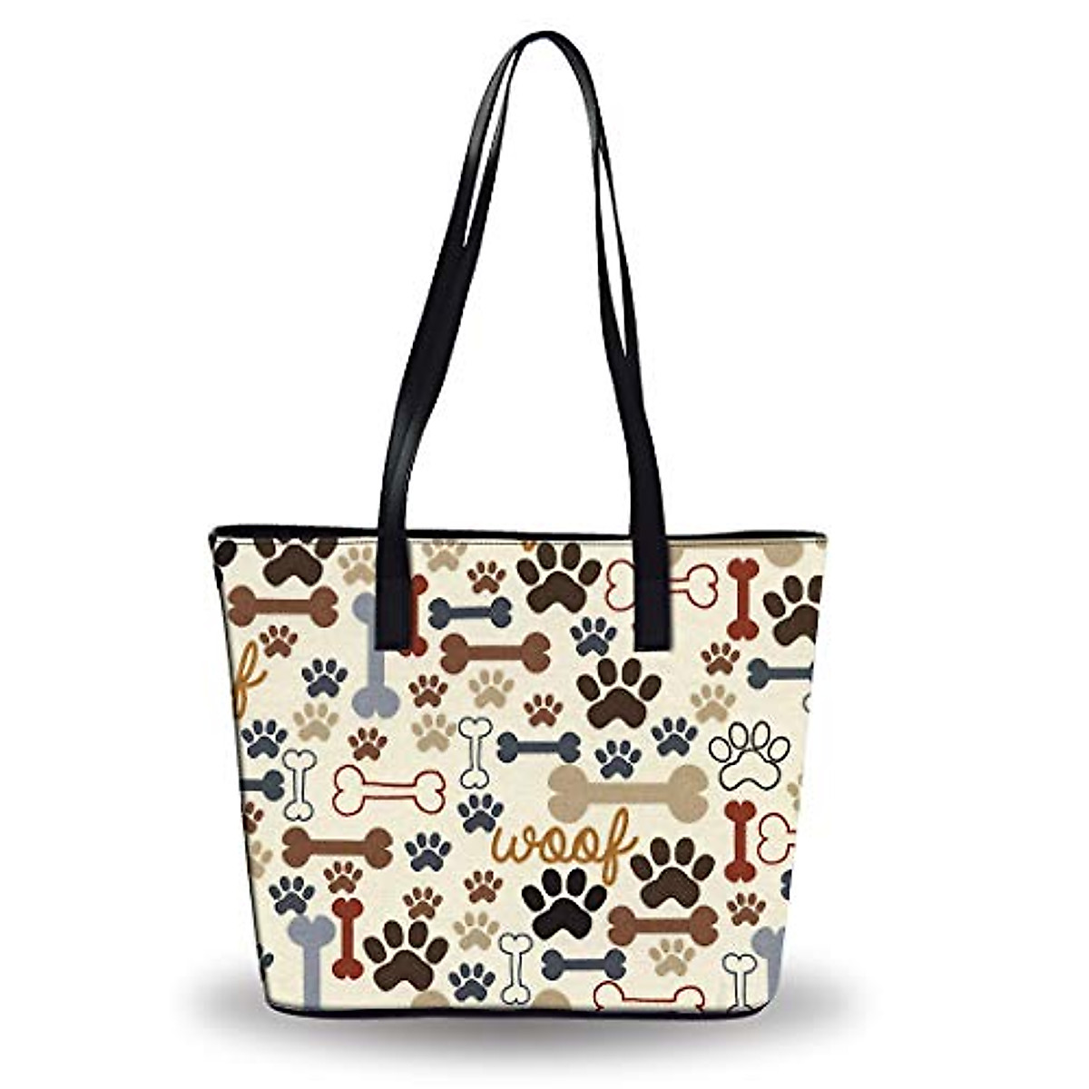 Dog Bones Paw Prints Cream Handbag Water Resistant Shoulder Bag Bookbag for Women Teens, Tote Bag with Inner Pouch