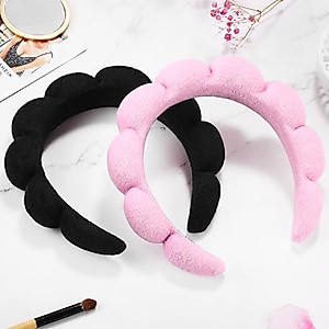 Spa Headbands for Washing Face or Facial, Set of 2 Skincare Headbands, Terry Cloth Headband Combo Pack - Puffy Makeup Headbands for Face Washing, Mask, Skin Treatment (Pink & Black)
