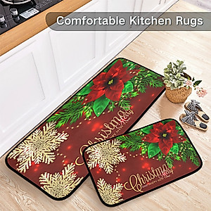 ALAZA Christmas Poinsettia Flower Snowflake Non Slip Kitchen Floor Mat Set of 2 Piece Kitchen Rug 47 x 20 inches + 28 x 20 inches for Entryway Hallway Bathroom Living Room Bedroom